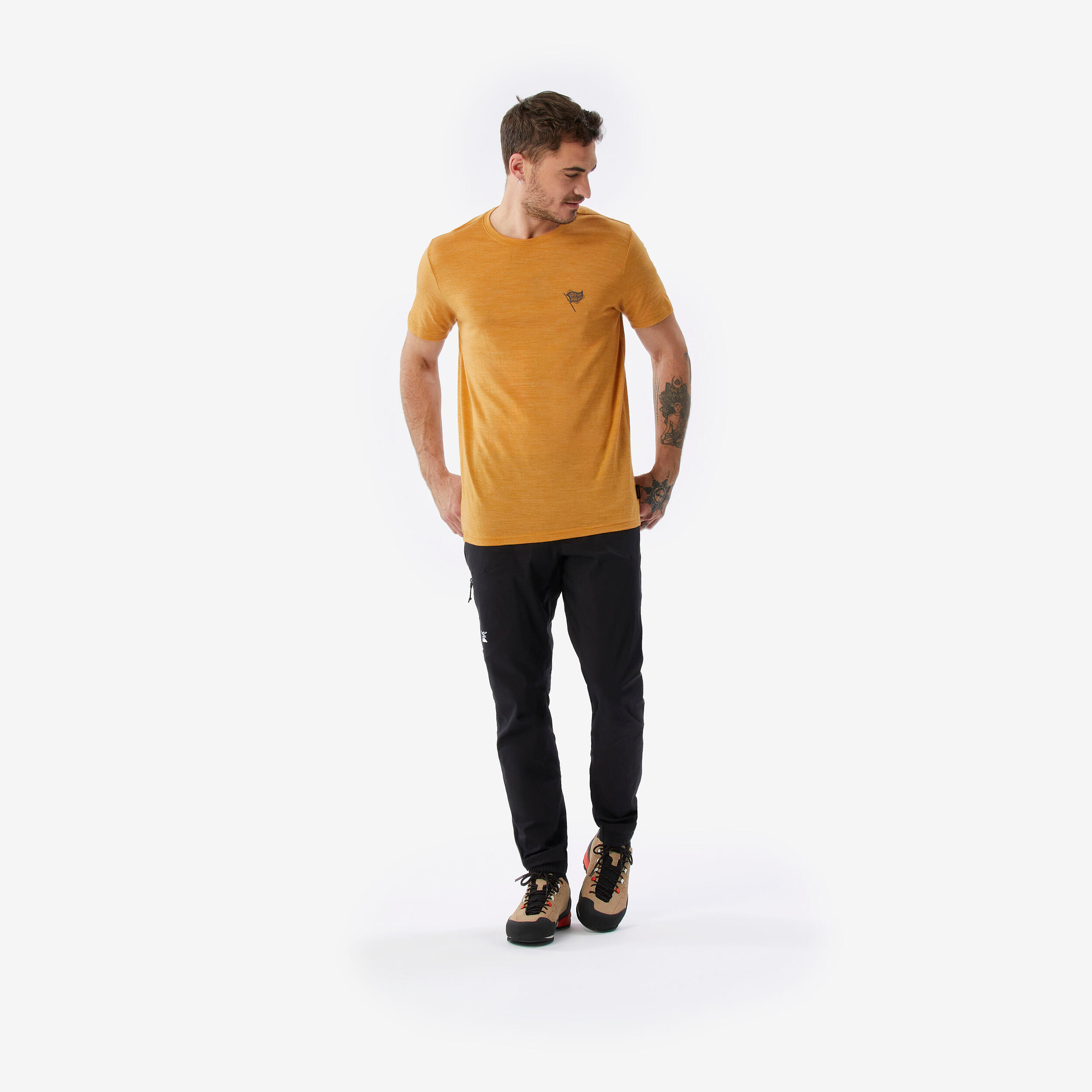 Men’s Merino Wool Trekking T-Shirt, Travel 500 - Yellow ochre ...
