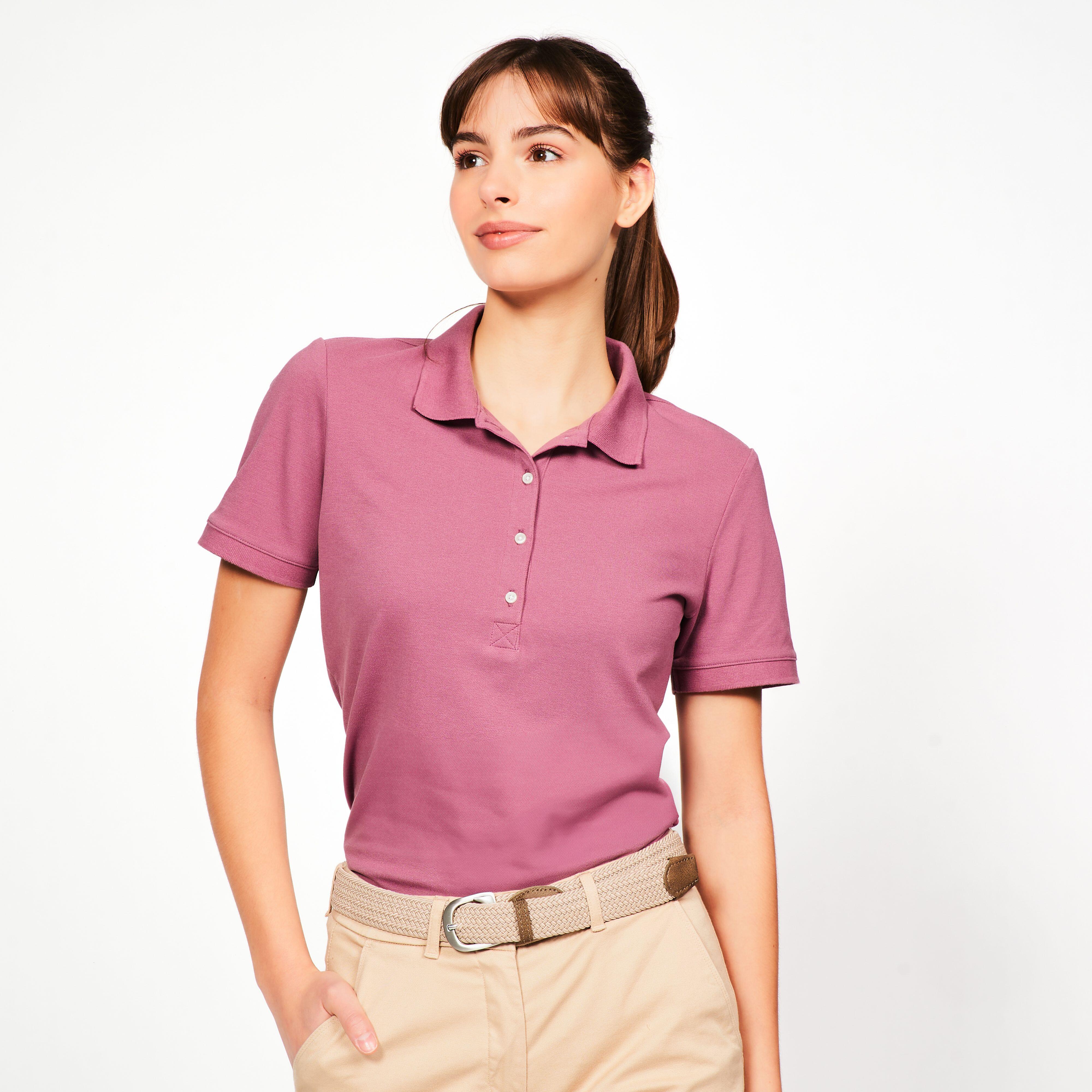 Women’s golf short sleeve polyester cotton polo shirt, MW500 dark pink ...