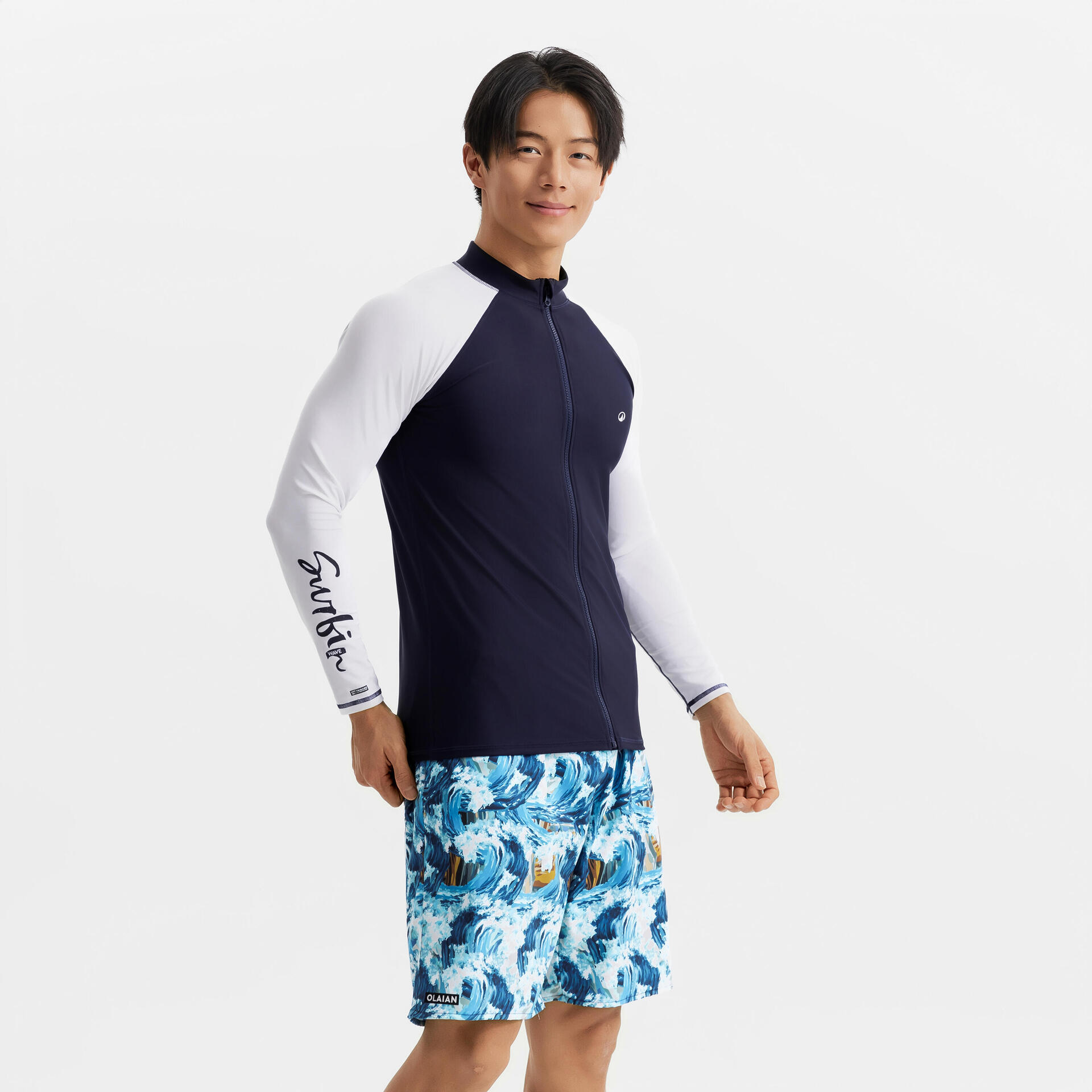 Áo lướt sóng nam dài tay chống tia UV có khóa kéo - 550 xanh navy/trắng