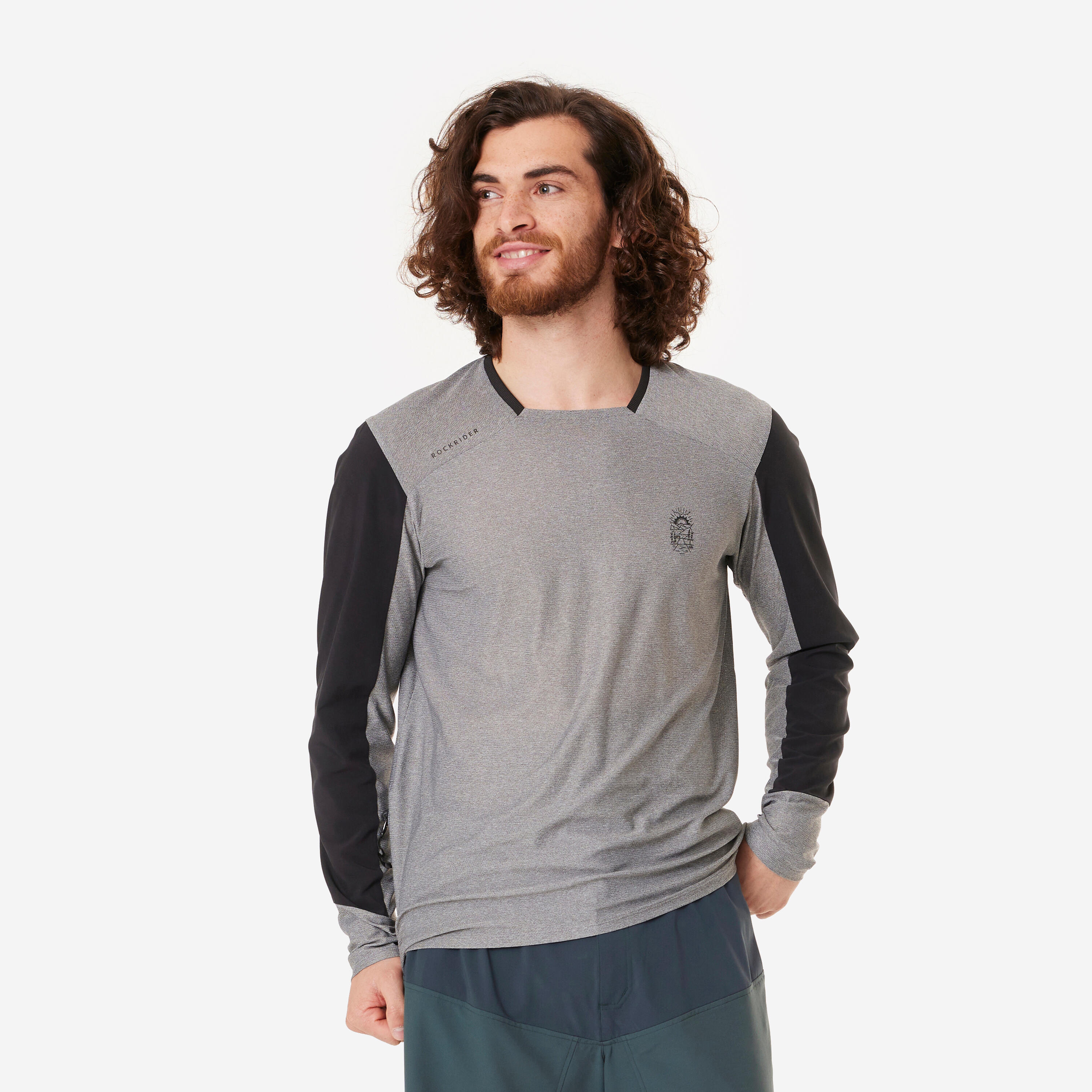 Men’s Long-Sleeved Mountain Bike Jersey – Expl 100 - Pale grey, smoked ...