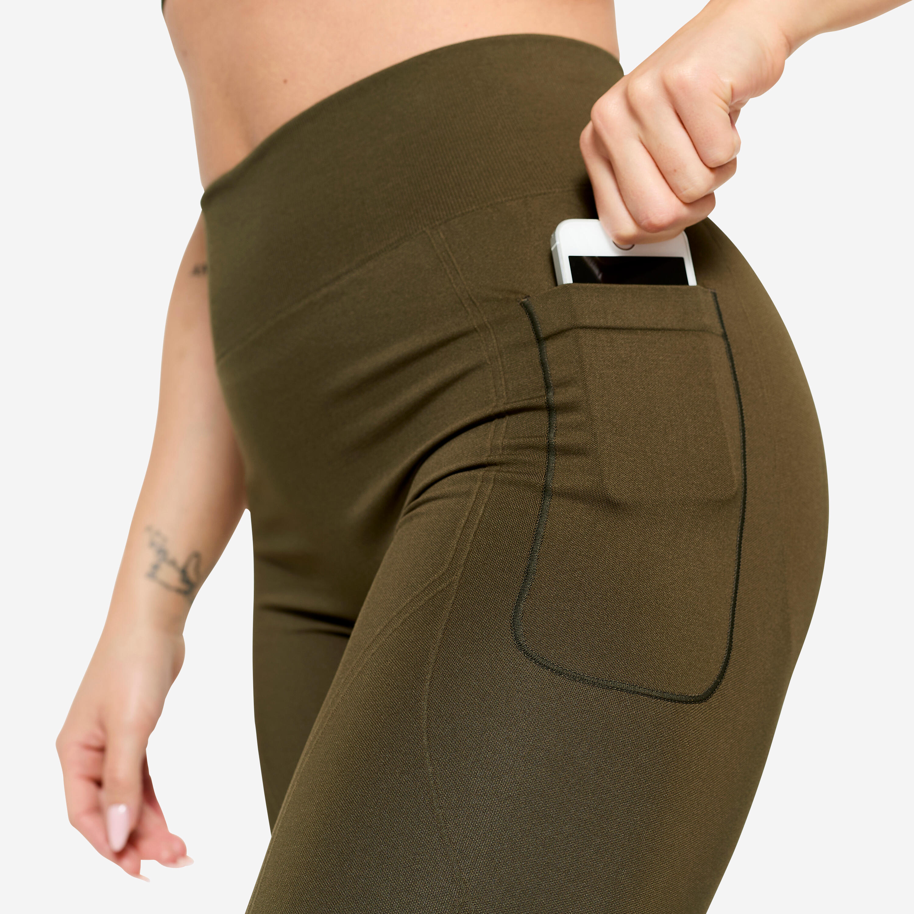 Push-Up bešavne tajice ženske kaki-zelene - Decathlon