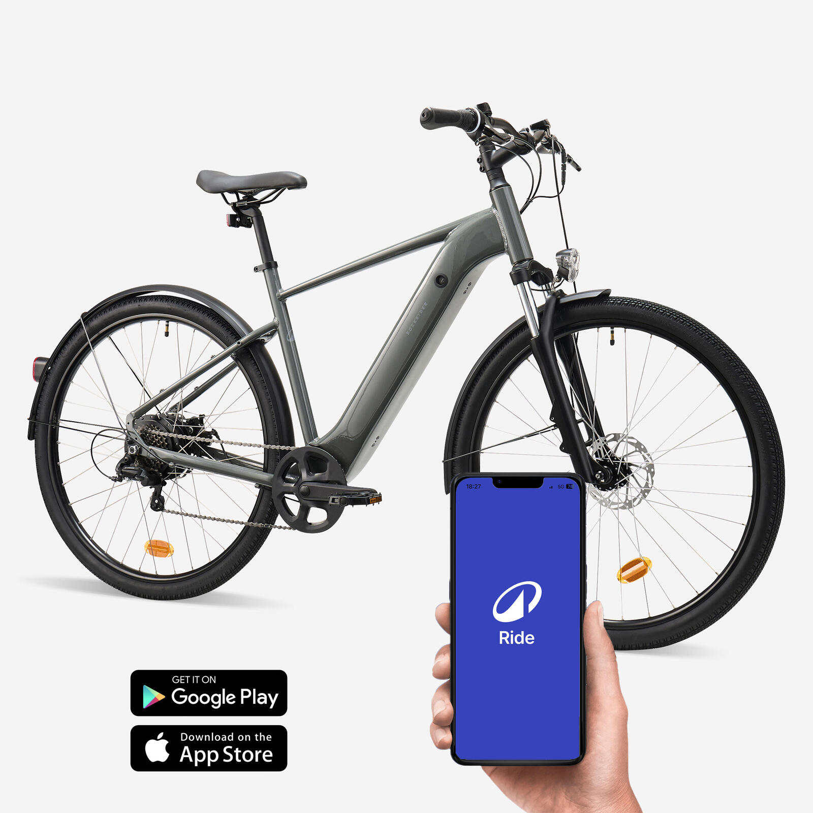 High Frame Electric Hybrid Bike, E-ACTV 100 - Anthracite Grey - Decathlon