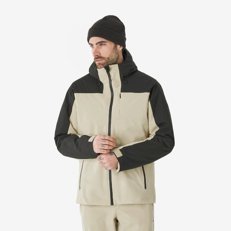 Men's warm and waterproof ski and snowboard jacket, JKT 500 beige and black