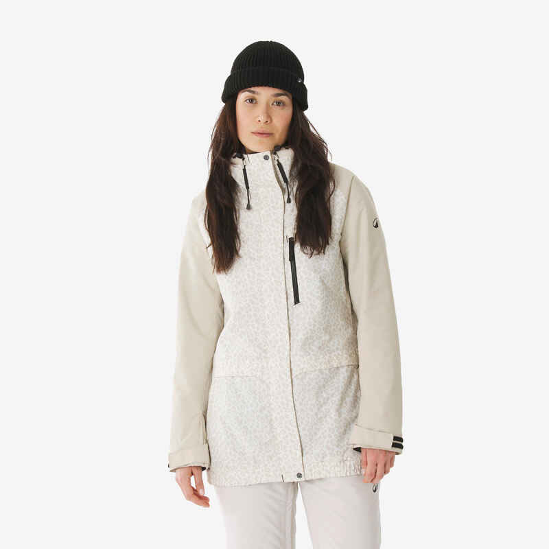 Women's long and warm ski and snowboard jacket, 500 long beige - Decathlon