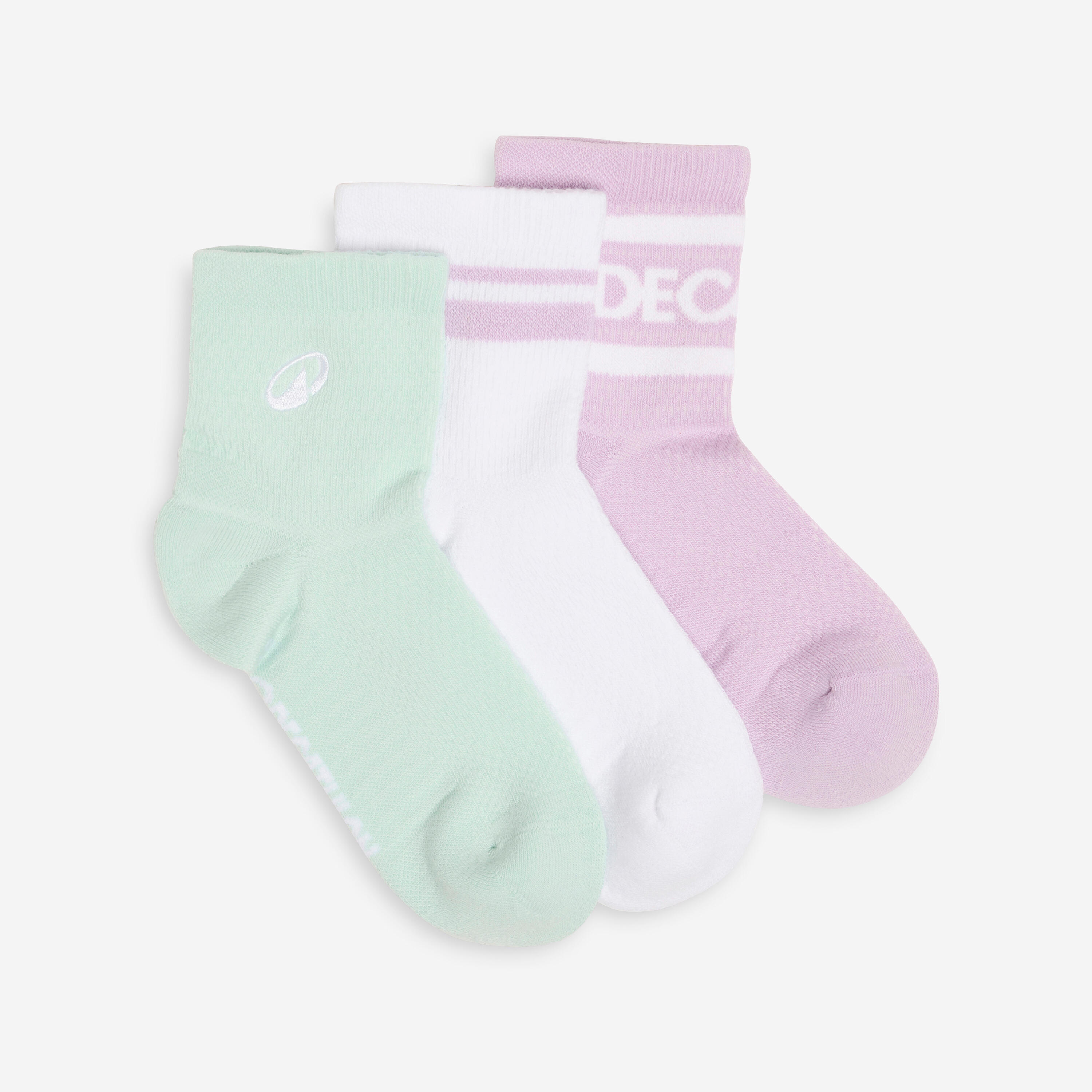 Ankle socks, green, white and purple, pack of 3 - Decathlon