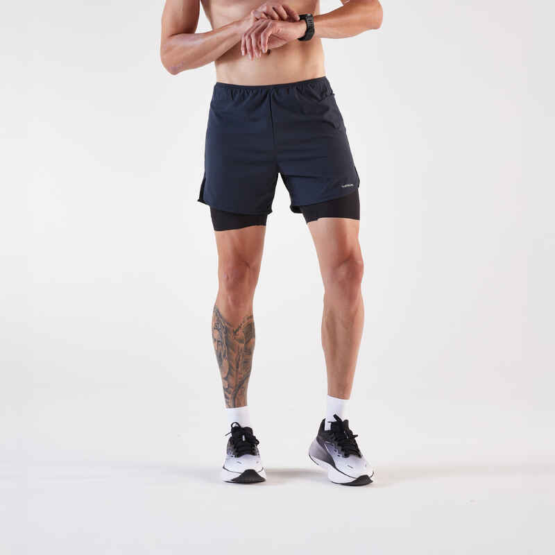 Men's 2 in 1 running shorts, Kiprun Run 500 Comfort black - Decathlon