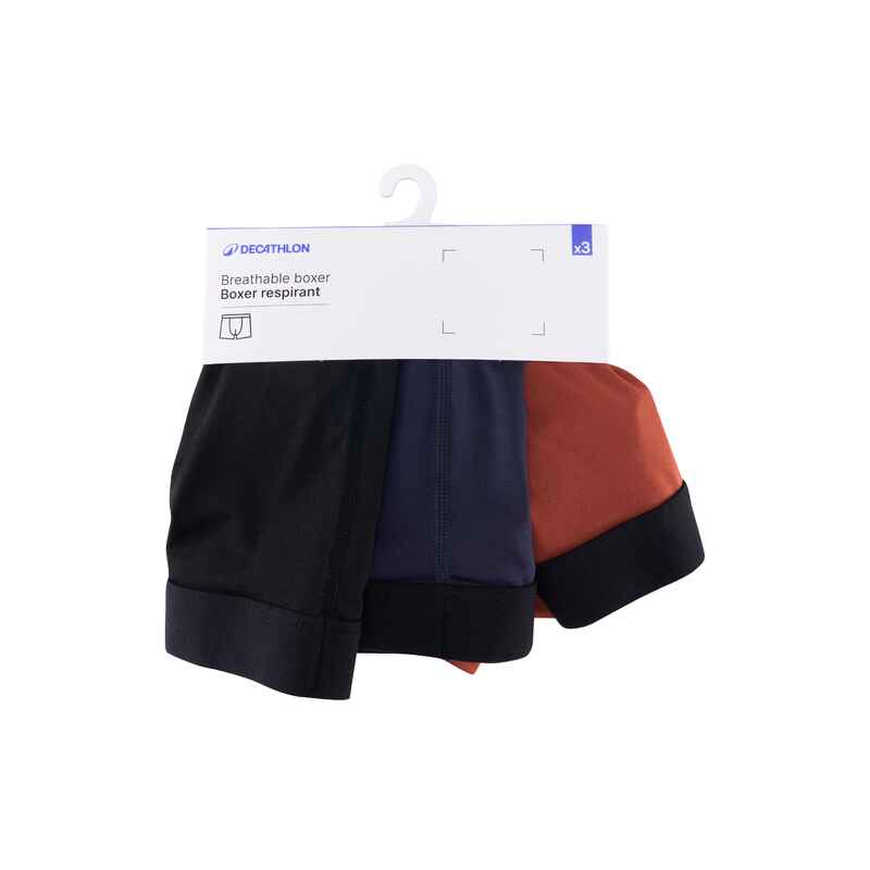 Men's Breathable Microfibre Boxers Tri-Pack - Black/Blue/Red - Decathlon