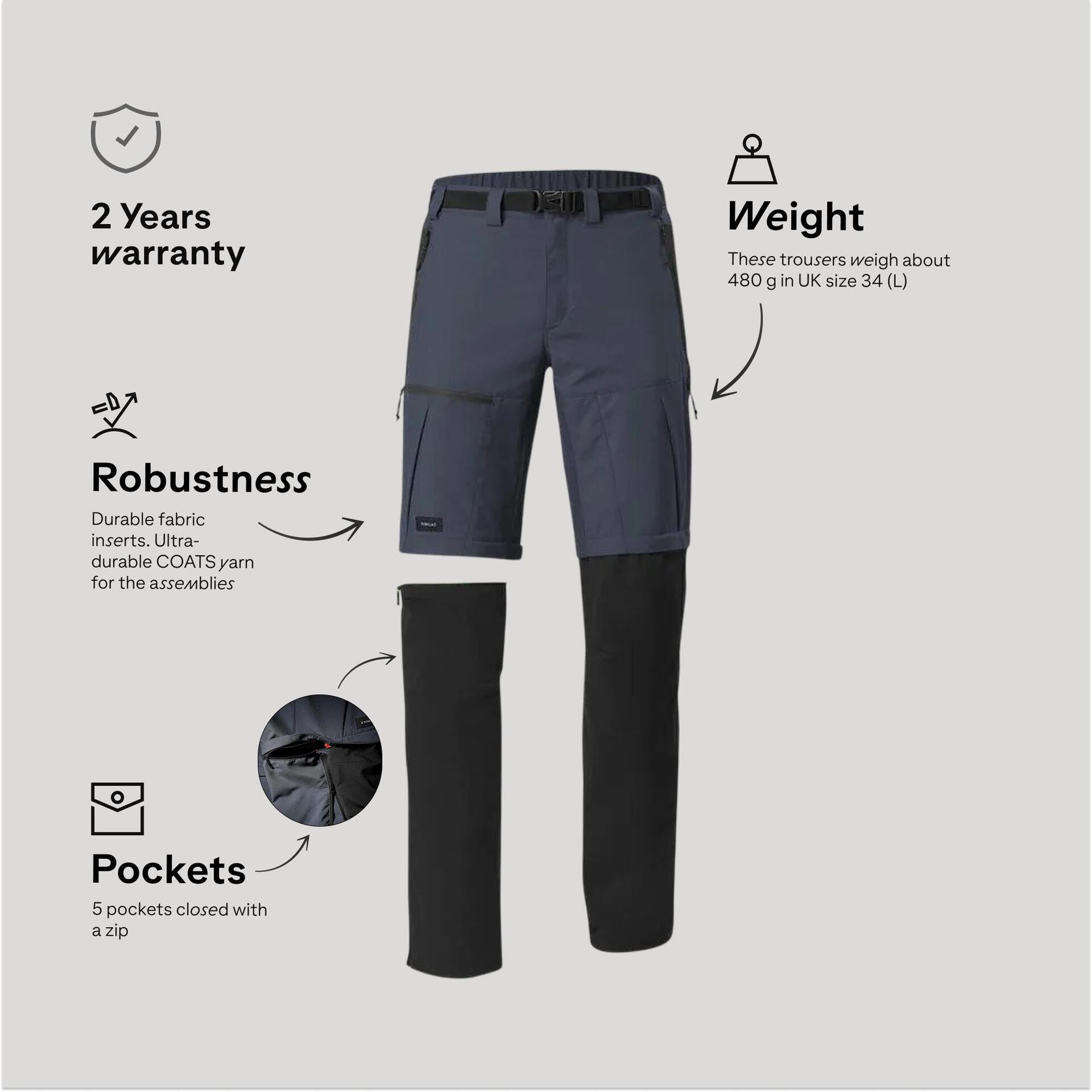 Men's Modular Zip-Off Trekking Pants MT500 - Grey