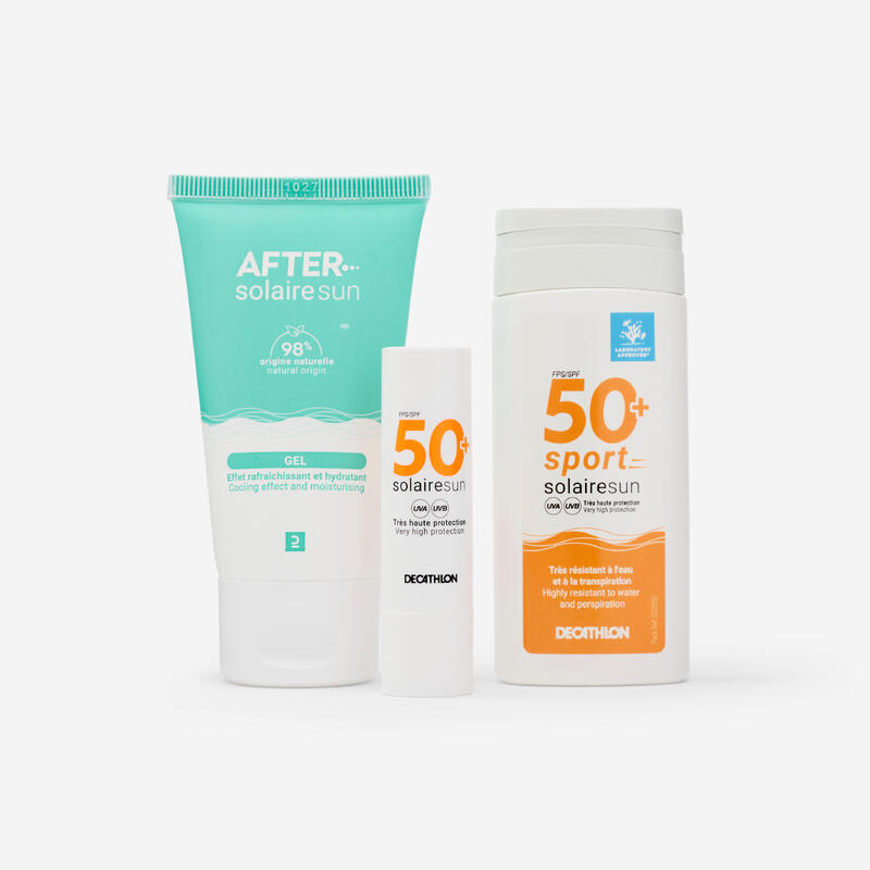 Mini kit solaire crème solaire SPF 50+, stick lèvres SPF 50+, gel après ...