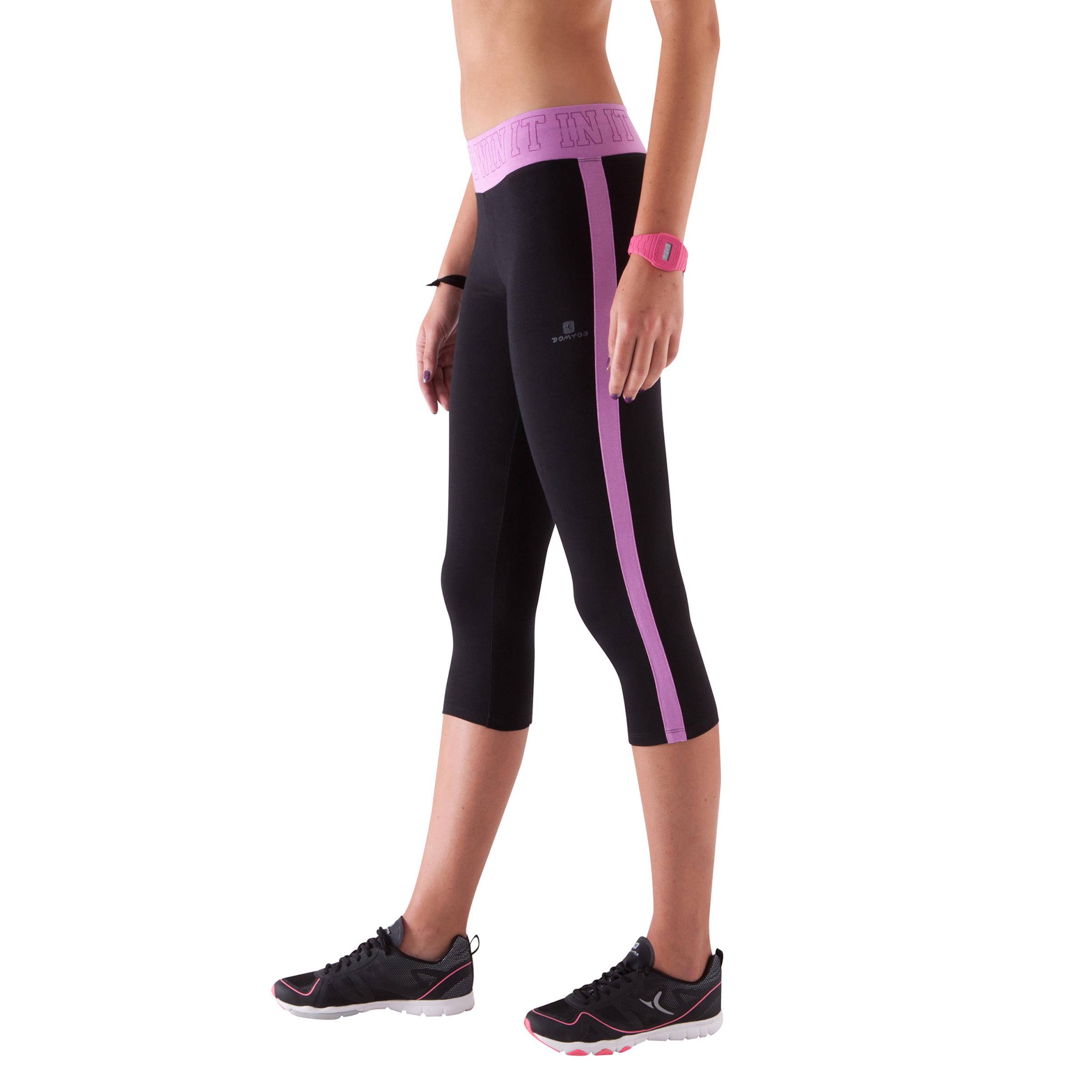 Women's Fitness Cropped Bottoms with Print Waistband - Black/Pink ...